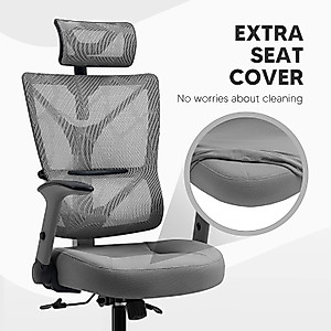 Ergonomic Mesh Office Chair - High Back Home Office Desk Chairs with Adjustable Headrest, 2D Flip-up Arms, Lumbar Support, Tilt Function and Rubber Wheels - Ergonomic Design for Back Pain,Gray