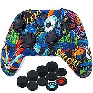 YoRHa Silicone Printing Thickened Cover Skin Case for Xbox Series X/S Controller x 1(Blue Graffiti) with Thumb Grips x 10