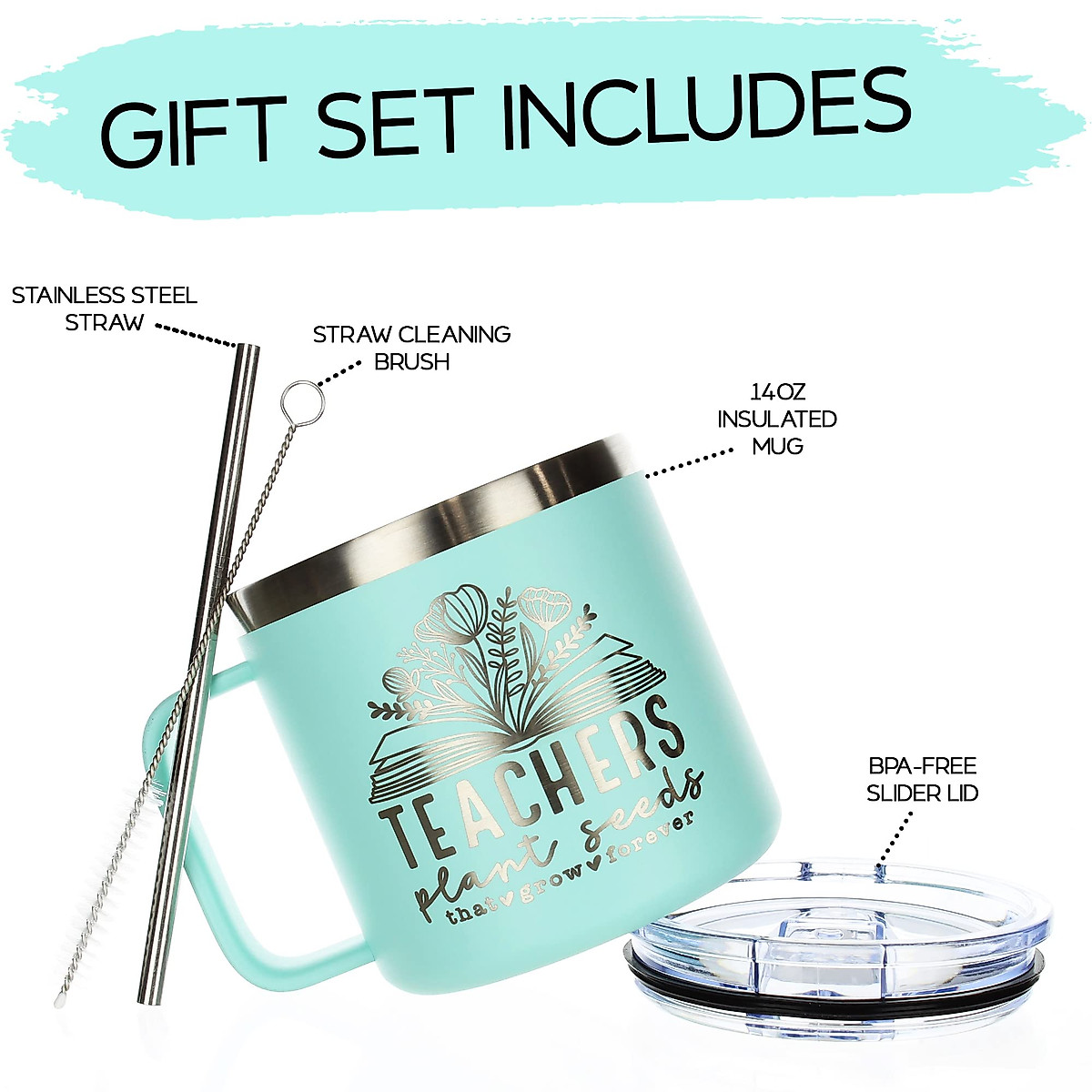 Teacher Appreciation Gifts for Women - Coffee Tumbler Mug for Teachers - Unique Gift Cup for Teaching, Birthday, Thank You, Best Friend, Coworker, Colleague, Her, Must Haves, Travel - 14oz (Mint)