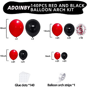 ADOINBY Red and Black Balloon Arch Kit, 140Pcs Different Sizes inch Black and Red Balloons and Confetti Party Balloon Garland Kit for Birthday, Wedding, Graduation, Anniversary, Prom Decorations