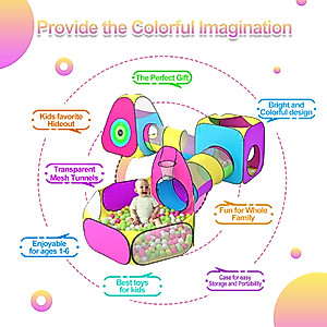 wilwolfer 5pc Kids Play Tent for Toddler with 1 Baby Ball Pits, 2 Baby Crawl Tunnels, 2 Pop Up Tents, Indoor Outdoor Playhouse Toys for Boys/Girls, Gift Target Game with 4 Dart Balls