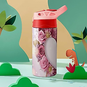 Stainless Steel Water Bottles Card Heart Shape Flowers Travel Water Cups with Handle And Silicone Straw Drinking Cup with Leak Proof Lid Thermo Travel Mug for Women Men