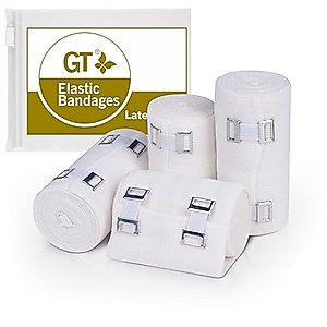 Premium Elastic Bandage Wraps (4" 2pack & 3" 2Pack) - Made of USA Grown Soft Woven Cotton - Metal Clip Fasteners - GT Latex Free Roll for Sprains & Injuries