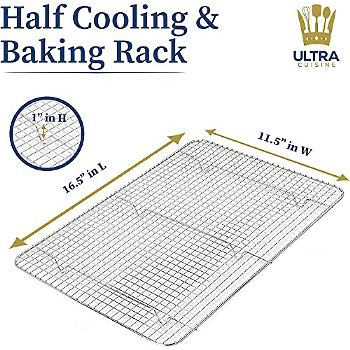 Ultra Cuisine Oven-Safe, Dishwasher-Safe 100% Stainless Steel Cooling and Baking Rack Set Heavy Duty Tight-Wire - 11.5 x 16.5-inch - Set of 2 - Half Sheet Pan Cooling Racks