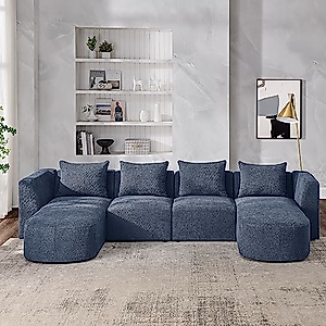 Evedy Sectional, U Shape Single Seats and 2 Chaises, Modular Upholstered Sofas, DIY Combination, Loop Yarn Fabric, Deep Seater Cozy Couches for Living Room, Navy