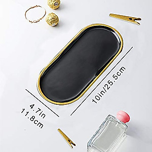Ceramic Tray Marble Style, Roucerlin Golden Edge Jewelry Dish Tray, Dresser Vanity Decorative Tray Dessert Plate Storage Tray Tea Coffee Cake Fruit Tray Cosmetics Ring Organizer (Black)