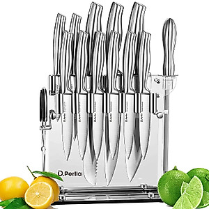 D.Perlla Knife Set, 14 Pieces Kitchen Knife Set with Clear Acrylic Knife Holder, Stainless Steel Super Sharp Chef Knife with Hollow Handle in One Piece Design