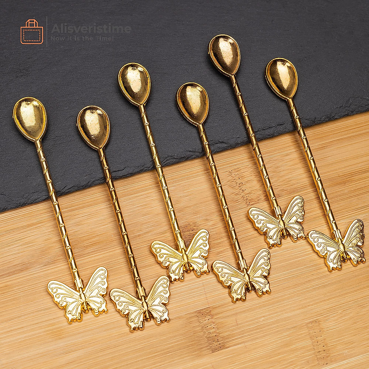 Alisveristime Traditional Ottoman Motif Tea Spoons - Decorative Stirring, Sugar, Tea Spoons (Set of 6) (Butterfly) (Gold)