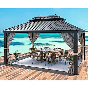 MELLCOM 10' x 13' Hardtop Aluminum Gazebo, Galvanized Steel Double Roof Metal Gazebo with Aluminum Frame, Brown Permanent Patio Gazebo with Curtains and Netting for Patios, Gardens, Lawns