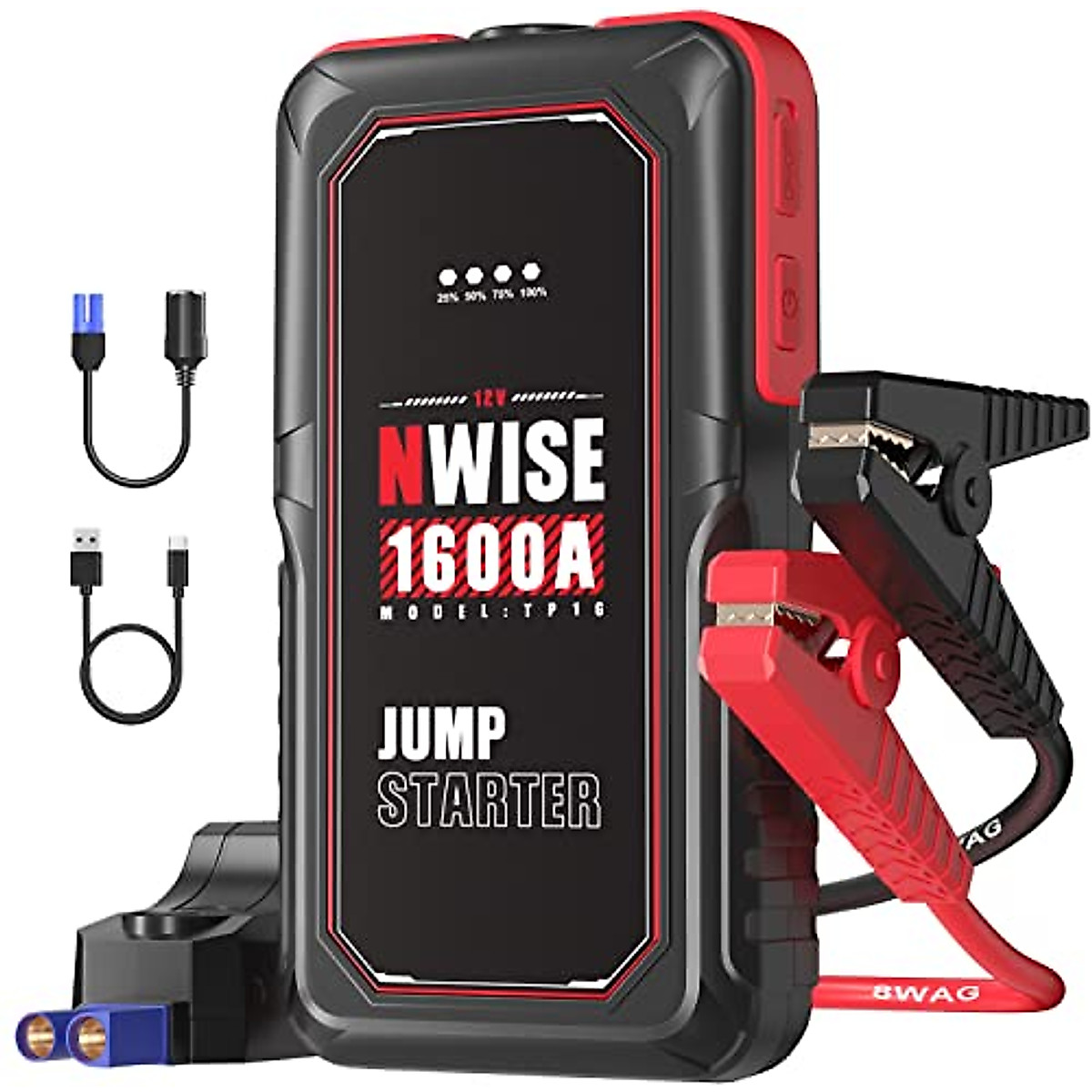 NWISE Battery Jump Starter, 1600A Peak Portable Car Jump Starter with Smart Safety Jumper Clamps,12V Jump Boxes for Cars with Dual USB Quick Charge 3.0, LED Light