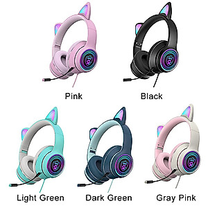 UXELY Cat Ear Gaming Headset USB Wired Headphones with Mic Foldable RGB Light Up Headphones for Laptop/Computer(Black)