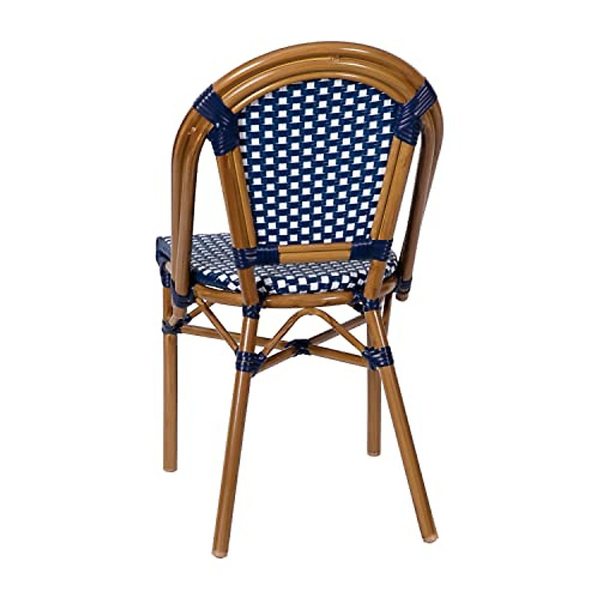 Flash Furniture Bordeaux Set of 2 Indoor/Outdoor Commercial Bistro Stack Chairs - Navy/White PE Rattan Back and Seat - Natural Bamboo Print Aluminum Frame