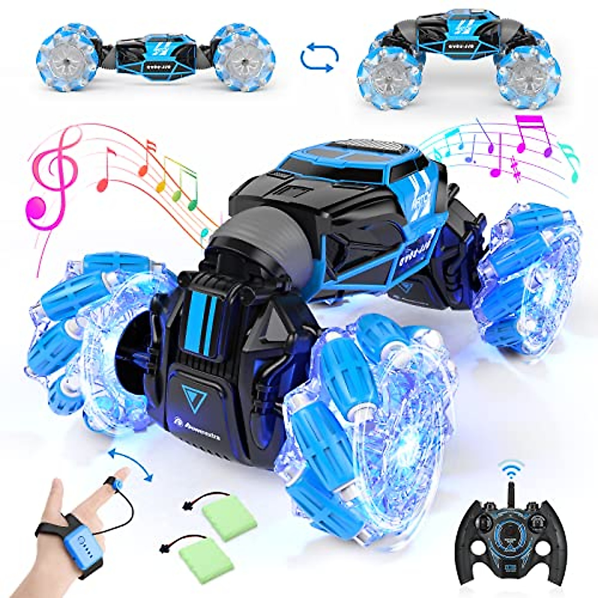 Powerextra RC Stunt Car Toys for 6-12 Year Old Kids - Big Size 4WD Remote Control Car - Gesture Sensor - Double Sided Rotating RC Car - Lights, Music - Perfect for Boys & Girls' Birthday