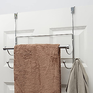 Home Basics Over The Door Towel Bar with Hooks | Made from Steel | Long Center Bar | Fits Most Standard Doors | (Chrome)