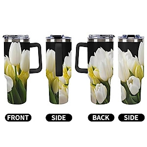 YTLKGFP 40 Oz Large Capacity Car Cup Different Flowers Tumbler with Handle (Black) Straw Lid Insulated Stainless Steel Water Bottle Travel Mug Leak-proof Car Cup Keeps Cold Or Hot