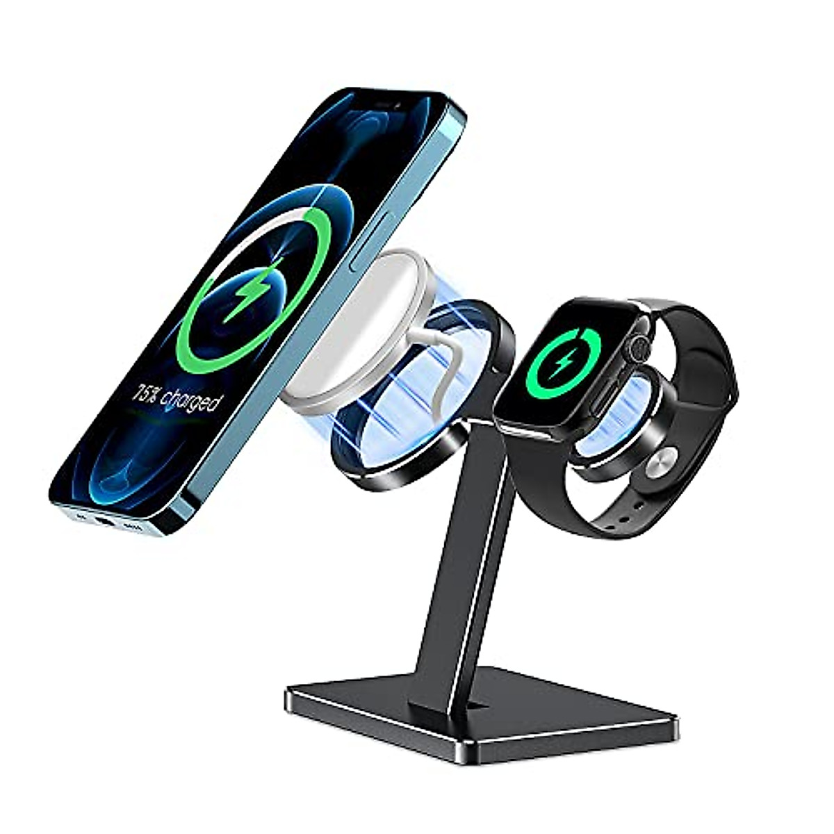 EWA 2 in 1 Magsafe Charger Stand, Aluminum Alloy,Phone Stand Holder,Compatible with iphone14/pro/pro Max, iPhone 13/12/ Pro Max/Mini and Apple Watch 3/4/ 5/6/ 7/8 Black - (Chargers Not Included)