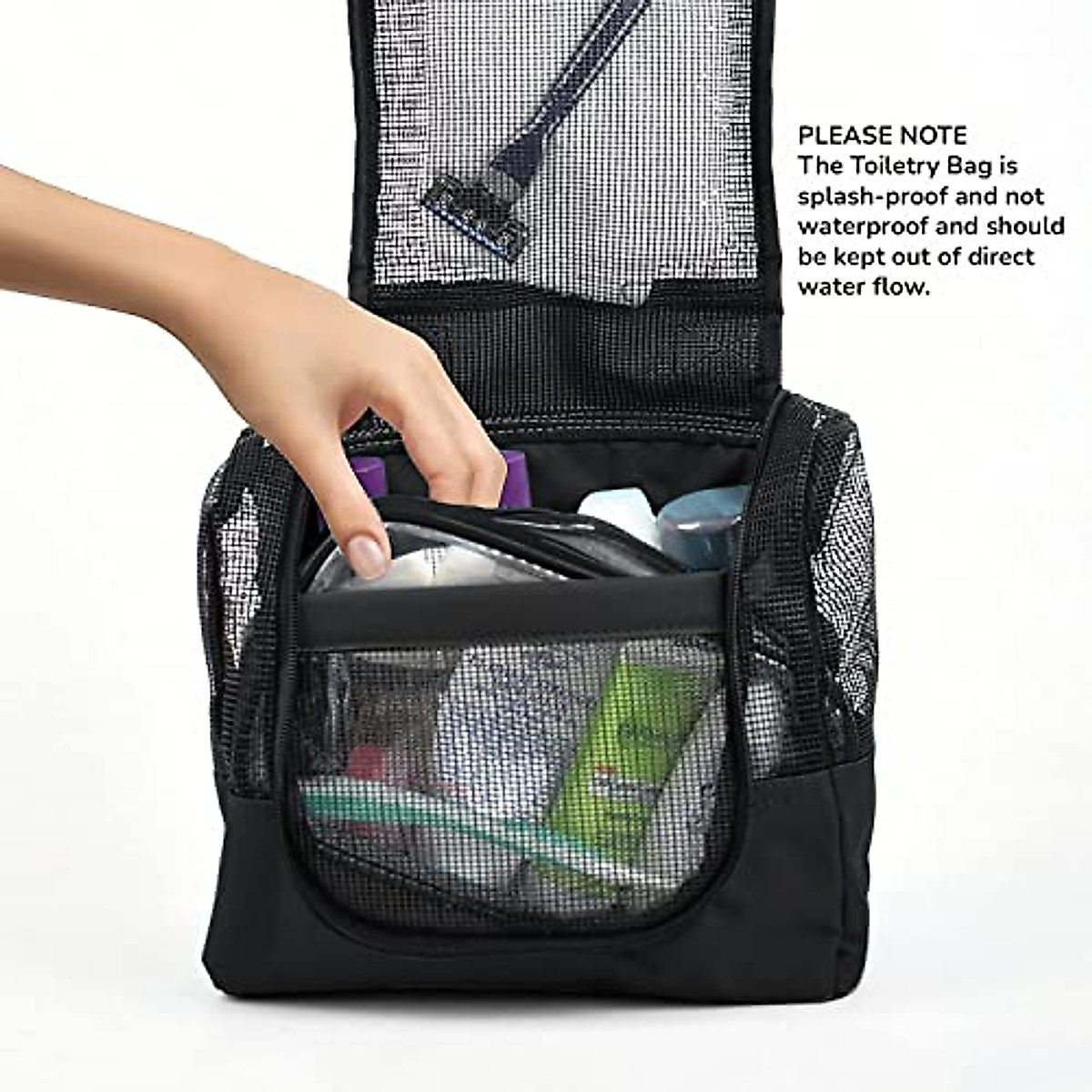 The Fine Living Co. Portable Hanging Shower Caddy Organizer Bag (Free Toiletries Case+Metal Hook) Quick Dry Mesh Shower Caddy Tote Bag Pouch For Bathroom College Dorm Camp Gym Camping 10”x4”x9”(Black)