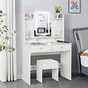 Caulitar Vanity Desk with Mirror and Lights-3 Color and Brightness Adjustable, Vanity Set with Drawers and Chair, White Makeup Vanity Table for Girls