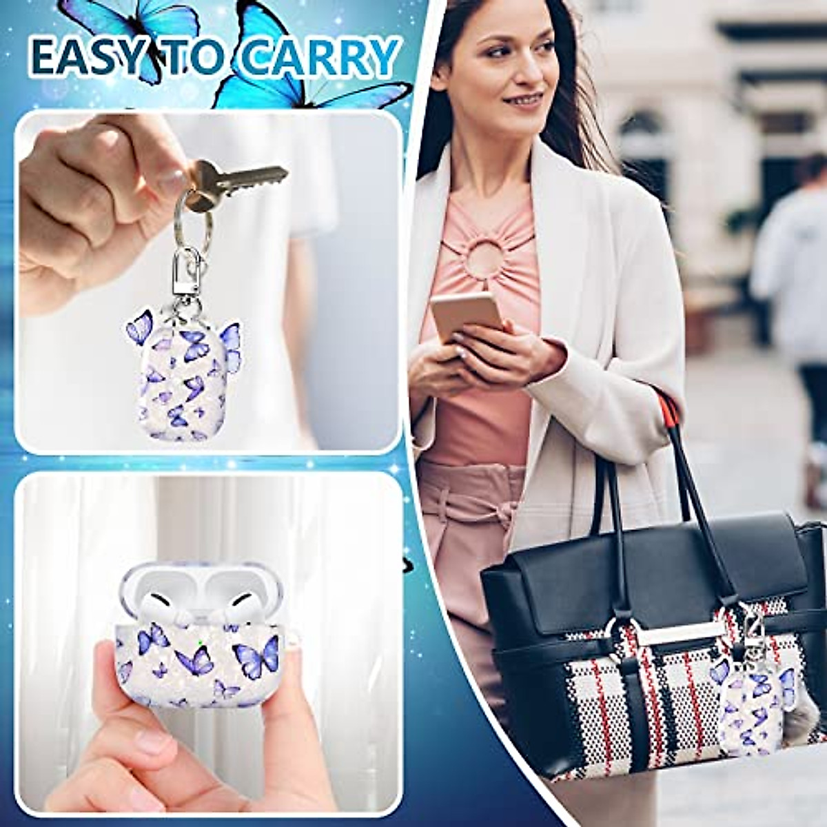 Cute Airpod Case with Butterfly Pendant, Kawaii Dreamy Blue Butterfly Shell Design Soft Shockproof Protective Cover Compatiable with Airpods Pro Case for Girls and Womens