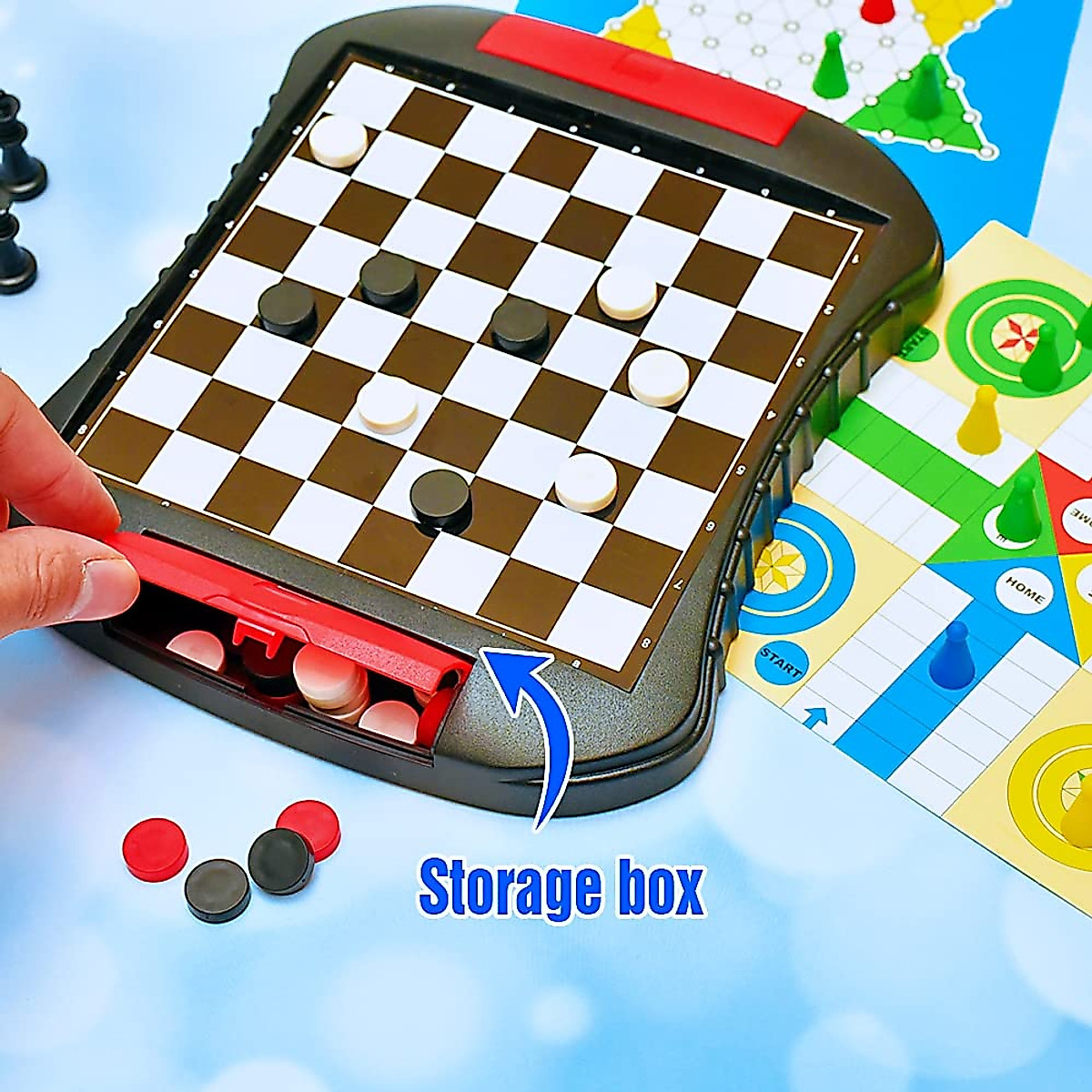 Magnetic Travel Board Games, Chess Set Magnet with 6 Classic Games, 7.8*6.7 In, for Kids 6 and up, Chinese Checkers, Backgammon, Flying Chess, Snakes&Ladders, International Checkers, Small and Light