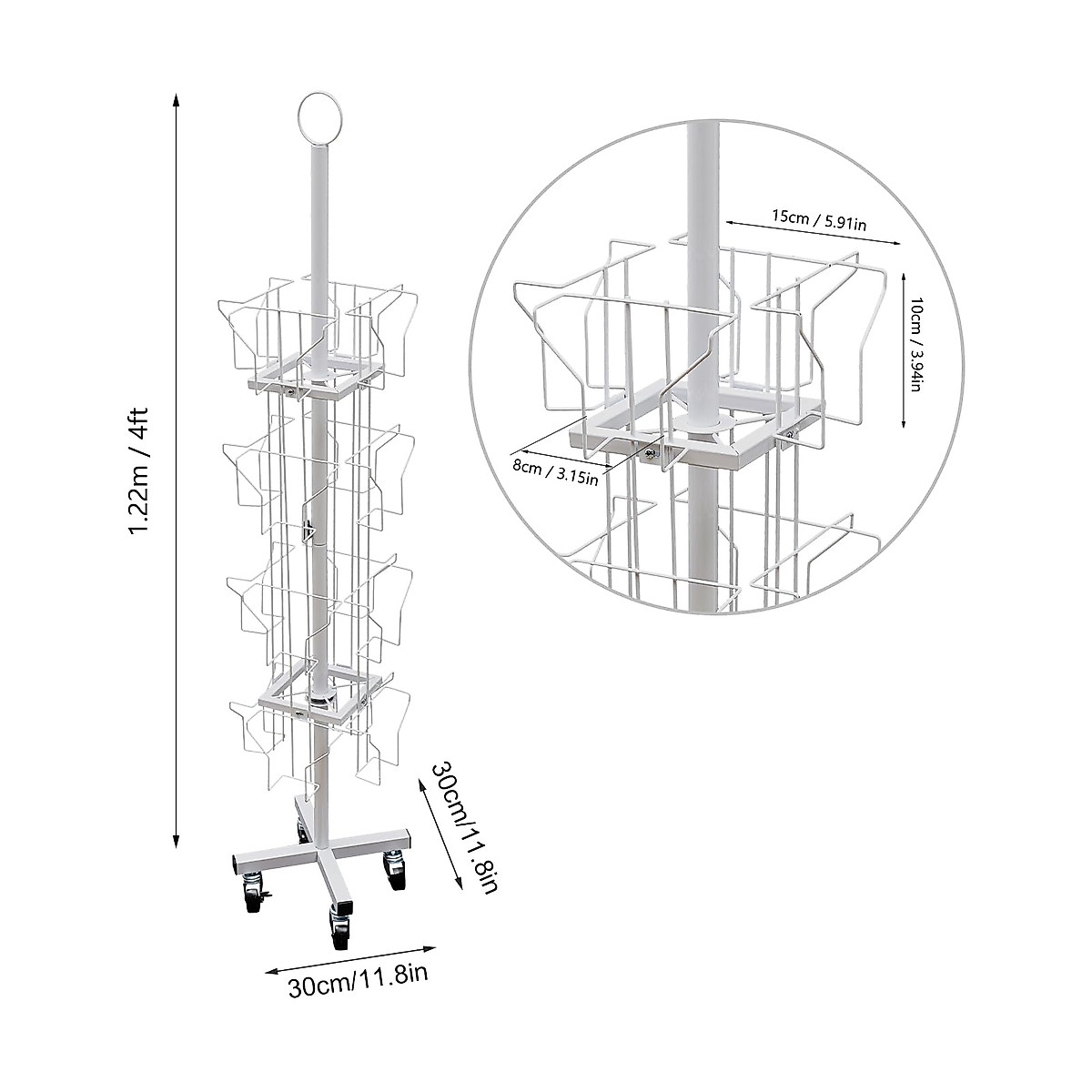 Vintoro Storage Stand Assistant, 360° Rotating Greeting Card Rack with 4 Universal Wheels,16-Pocket Display Stand Spinning, 31.5*12.6*5.12in,for Classroom Office Library Craft Show, White