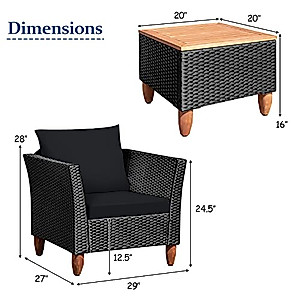 Tangkula 3 Piece Patio Furniture Set, Patiojoy Outdoor Wicker Rattan Bistro Sofa Set w/Washable Cushion, Acacia Wood Top Coffee Table, Conversation Set w/Adjustable Feet for Balcony Backyard Porch