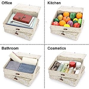 BTSKY 2 Pack Wicker Baskets With Lids Flat Woven Storage Bins for Shelf Organizing Natural Seagrass Storage Baskets with Lids Home Utility Organizer Box for Home & Office Supplies, Whitewash (Large)