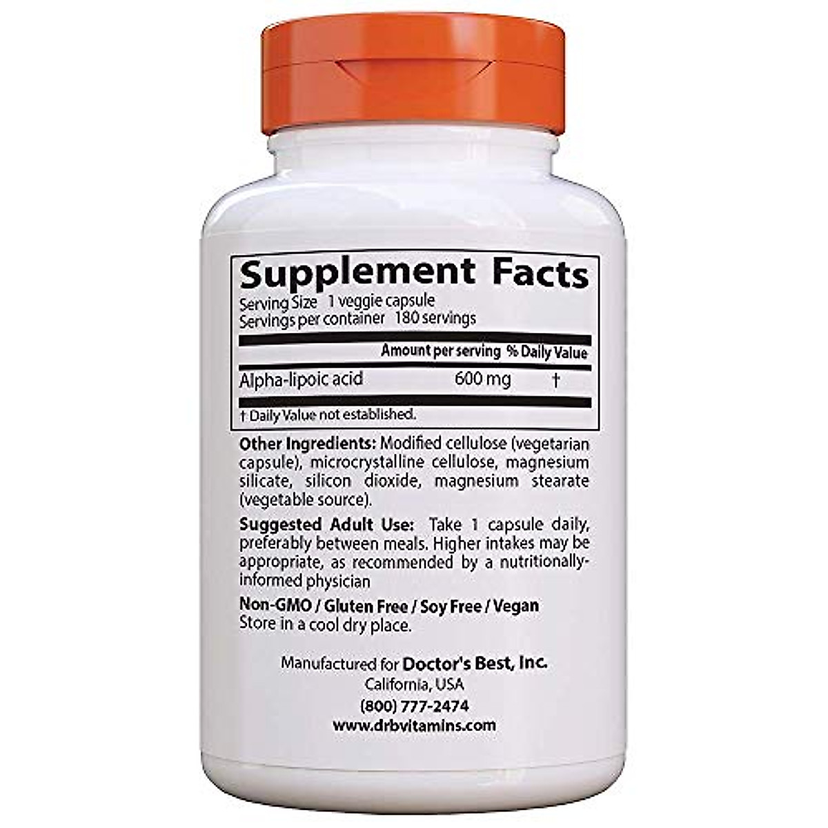 Doctor's Best Alpha-Lipoic Acid, Non-GMO, Gluten Free, Vegan, Soy Free, Helps Maintain Blood Sugar Levels, 600 mg 180 Veggie Caps