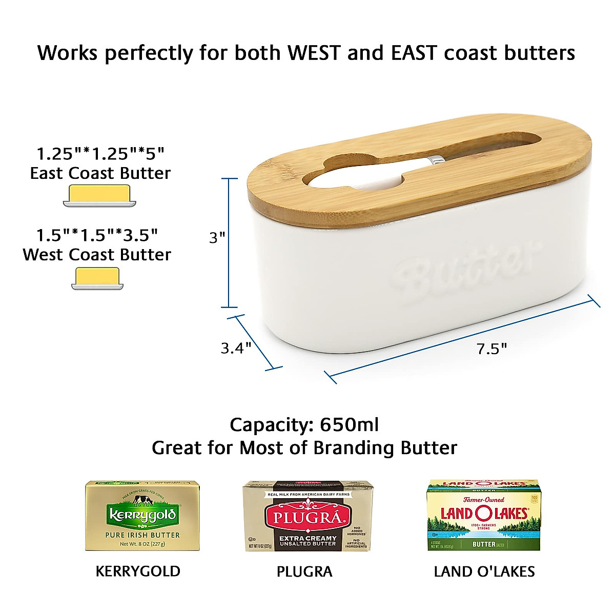 MBR FORCE Ceramic Butter Dish with Lid for Countertop Large White Farmhouse Butter Holder with Knife Butterdish Keeper Container Box