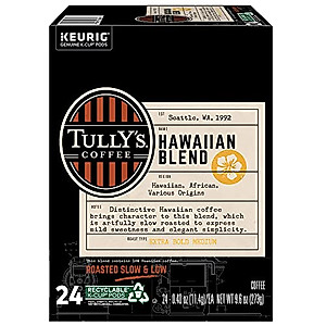 Tully's Coffee Hawaiian Blend Keurig Single-Serve K-Cup Pods, Medium Roast Coffee, 96 Count (4 Packs of 24)