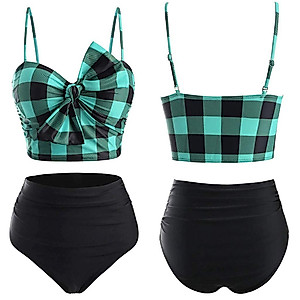 Padaleks Bikini Swimsuit for Women Padded Swimwear Two Piece Bathing Suits Set Plaid Bow Push Up Tankini Swimwear
