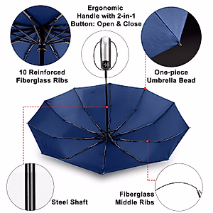 TradMall 10 Pack Bulk Umbrellas Travel Windproof Portable Compact Large Canopy Ergonomic Handle Auto Open & Close, Blue