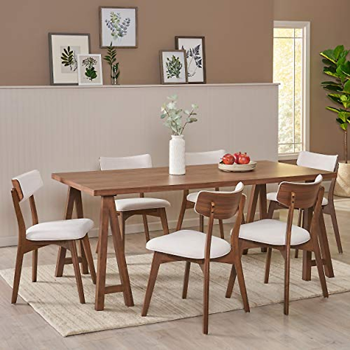 Christopher Knight Home Rachel Mid-Century Modern 7 Piece Dining Set with A-Frame Table, Light Beige + Walnut