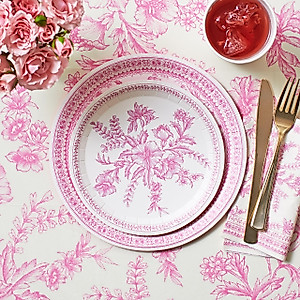 Coterie Pink Toile Paper Tablecloth | Rectangle Tablecloth/Table Cover for Bridal and Baby Shower, Tea Party, Garden Party, Birthday Party | 8.5' by 4.5' Table Cloth Rectangle Table