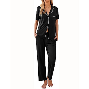 Ekouaer Women Pajamas Set Button Down Sleepwear Short Sleeve Nightwear with Long Pants Soft Pjs Set S-XXL Black L