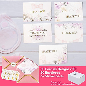 Only Zest Blank Thank You Cards with Envelopes Bulk, 50 Pack Elegant Baby Shower Thank You Cards with Stickers- Baby Girl Thank You Notes for Baptism, Birthday, Bridal Shower