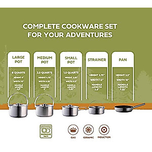Camping Cookware Set 304 Stainless Steel 8-Piece Pots & Pans Open Fire Cooking Kit | Frying Pan Steamer with Travel Tote Bag | Compact For Outdoors & Indoors Kitchen Family Campfire Hiking RV