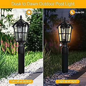 Dusk to Dawn Motion Sensor Outdoor Post Lights Exterior lamp Post Light Fixture, Waterproof Pole Lanern Black with Clear Tempered Glass for Garage Patio Garden Front Door