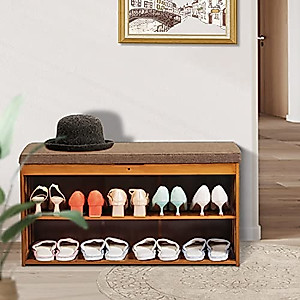 MoNiBloom Bamboo 2 Tiers Shoe Rack Organizer Changing Stool Bench with Flip-Open Storage Box Padded for Hallway, Bathroom, Bedroom - Brown (6-10 Pairs)