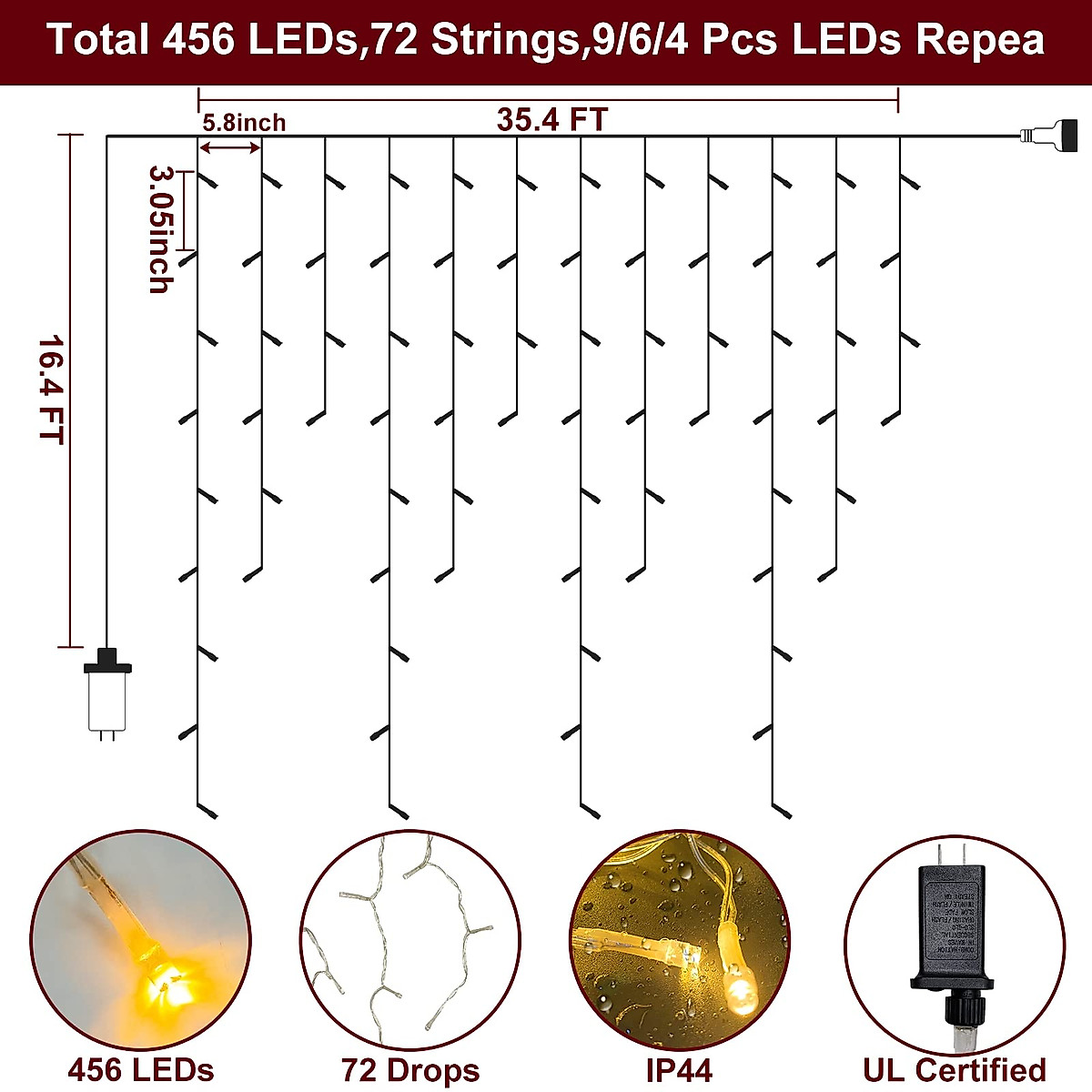 BESSTOR 456LED 35.4FT Icicle Christmas Lights Outdoor Decoration, 8 Modes 72 Drops Fairy String Curtain Decoration Eaves Window Holiday Yard Garden Indoor Home (Warm White) (JT-EL/FC300V0240-C)