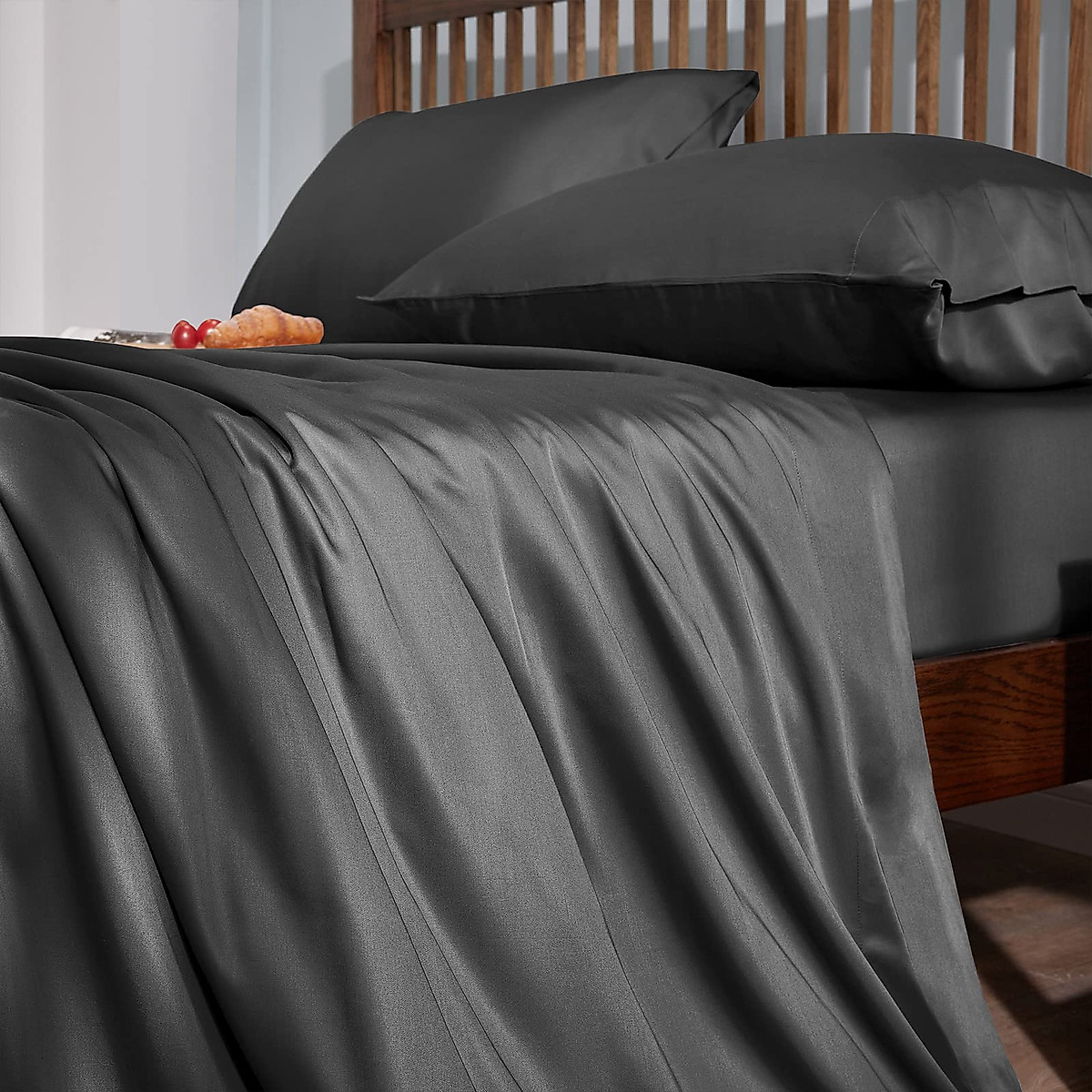 CozyLux Cooling Sheets Queen Size, Rayon derived from Bamboo, Oeko-TEX Certified Luxuriously Soft & Cooling Silky Sheet Set - 16" Deep Pockets 4 Piece Bedding Sheets & Pillowcases，Dark Grey