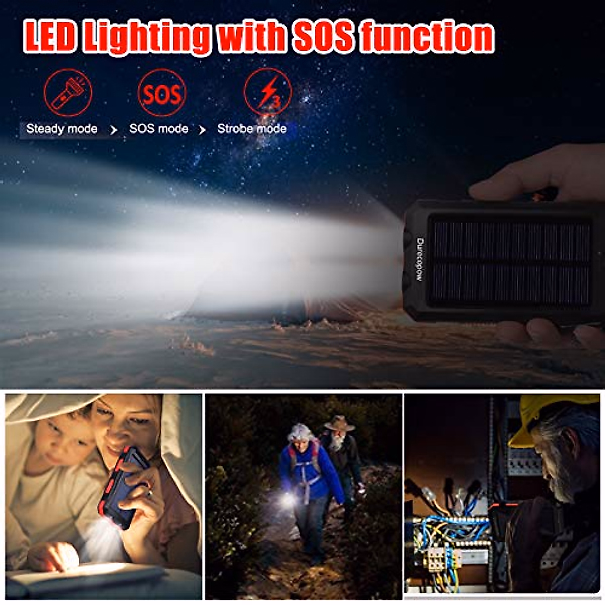 Durecopow Solar Charger, 20000mAh Portable Outdoor Waterproof Solar Power Bank, Camping External Backup Battery Pack Dual 5V USB Ports Output, 2 Led Light Flashlight with Compass (Red)