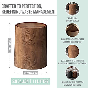 12/15L Trash Can with Lid, Walnut Brown Wood Grain Bathroom Garbage Can with Swing Top Lid, Rotating Design, Detachable Inner Bin, Minimalist Diaper Trash Can, Dustbin for Office, Bedroom (Brown, 12L)