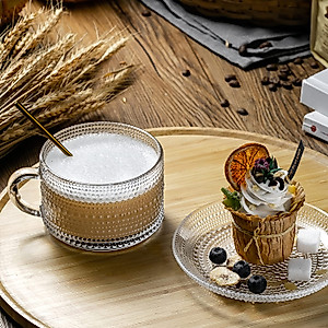 Gezzeny Vintage Coffee Mugs with Saucers 14 Oz Set of 2 Embossed Glass Cups, Tea Cups, Glass Coffee Cups for Cappuccino, Latte,Cereal, Beverage Birthday Valentine's Day Gifts