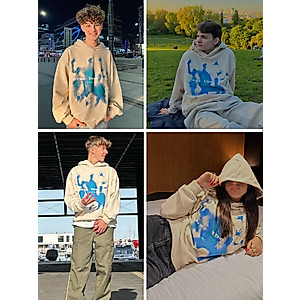 Vamtac Mens Oversize Graphic Hoodie Vintage Y2K Sweatshirt Cotton Fashion Hip Hop Pullover for Men and Women Apricot