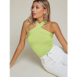 Floerns Women's Solid Criss Cross Halter Sleeveless Tee Shirt Top Lime Green S
