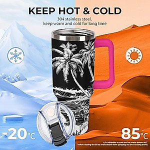 Palm Tree Black 40 Oz Tumbler Insulated Stainless Steel Water Bottle Travel Mug Car Cup with Handle And Straw