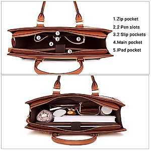 Telena Leather Briefcase for Women, 15.6 Inch Laptop Tote Bag Business Work Briefcase, Large Capacity Handbag Bag, Brown and Beige