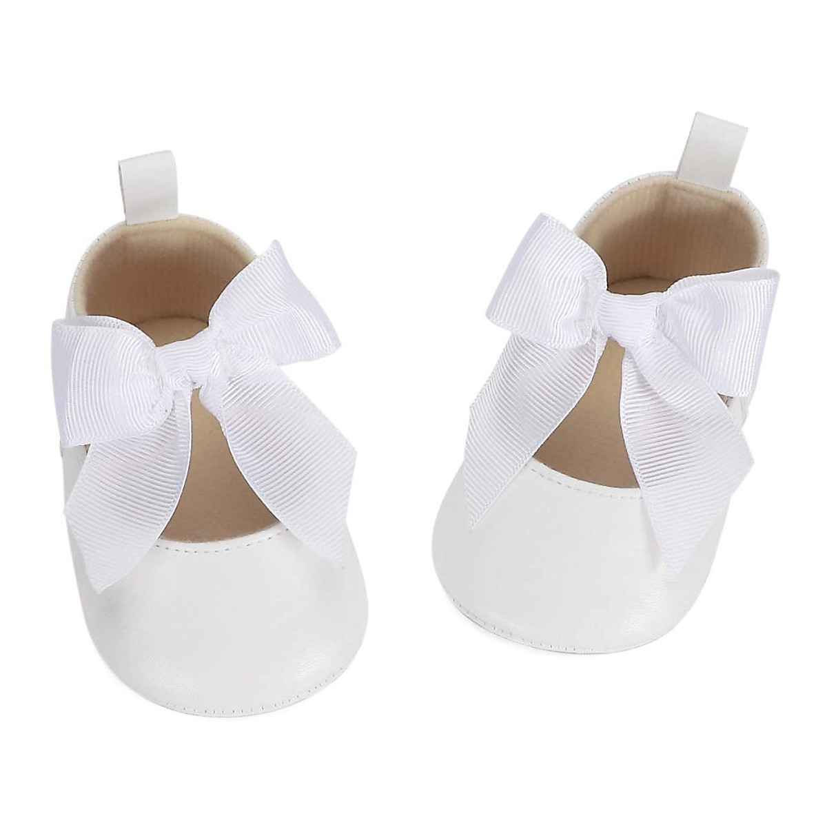 Baby Girls Bowknot Mary Jane Flats Rubber Sole Infant Toddler Walking Shoes Moccasinss Wedding Dress Shoes, White 3-6 Months