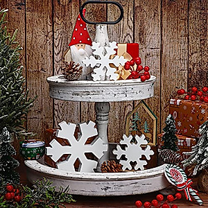 3 Pcs Winter Wooden Snowflake Decor Winter Snowflake Table Signs Wonderland Snowflake Wood Blocks Farmhouse Christmas Tiered Tray Decorations for Xmas Country Table Shelf (White)